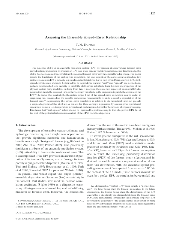 Pdf Verifying The Relationship Between Ensemble Forecast Spread And Skill