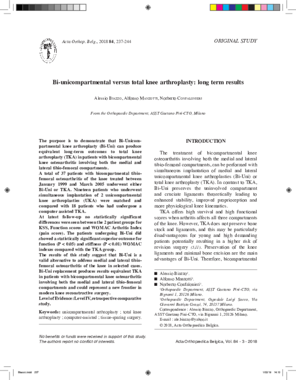(PDF) Bi-unicompartmental versus total knee arthroplasty: long term results ORIGINAL STUDY