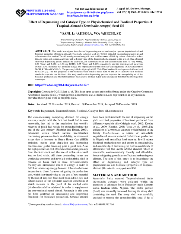 Pdf Effect Of Degumming And Catalyst Type On Physiochemical And