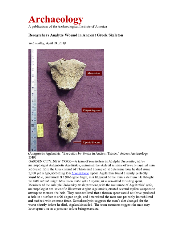 (PDF) 2019c-Researchers Analyze Wound in Ancient Greek Skeleton-AIA ...