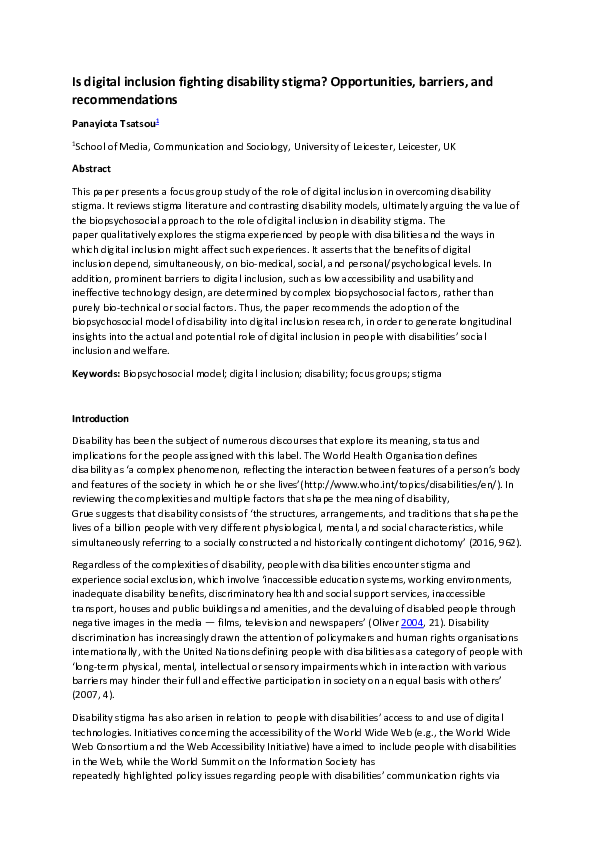 (PDF) Is digital inclusion fighting disability stigma? Opportunities ...