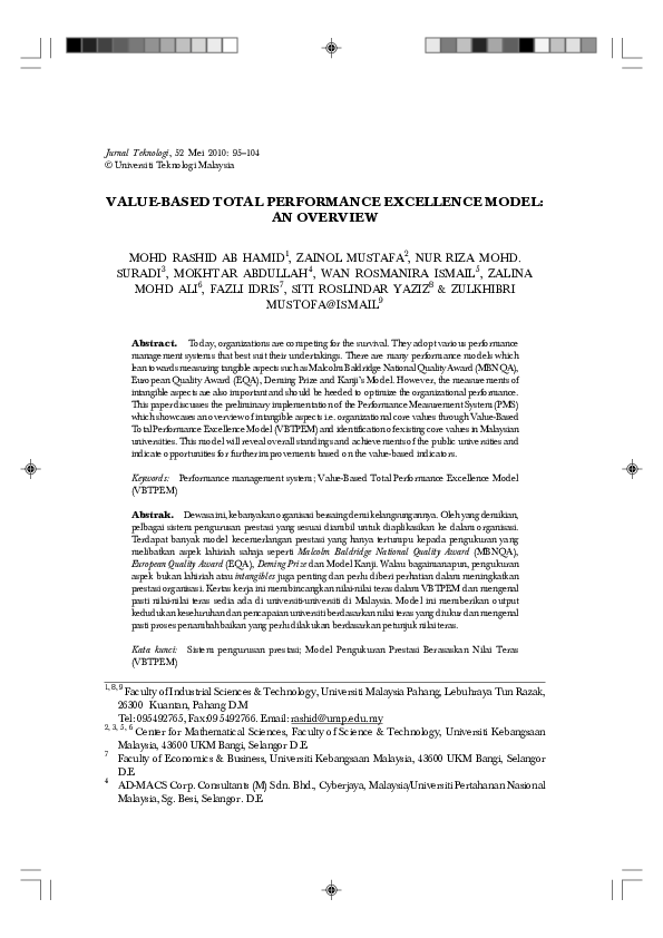 (PDF) Value–based Total Performance Excellence Model: An Overview