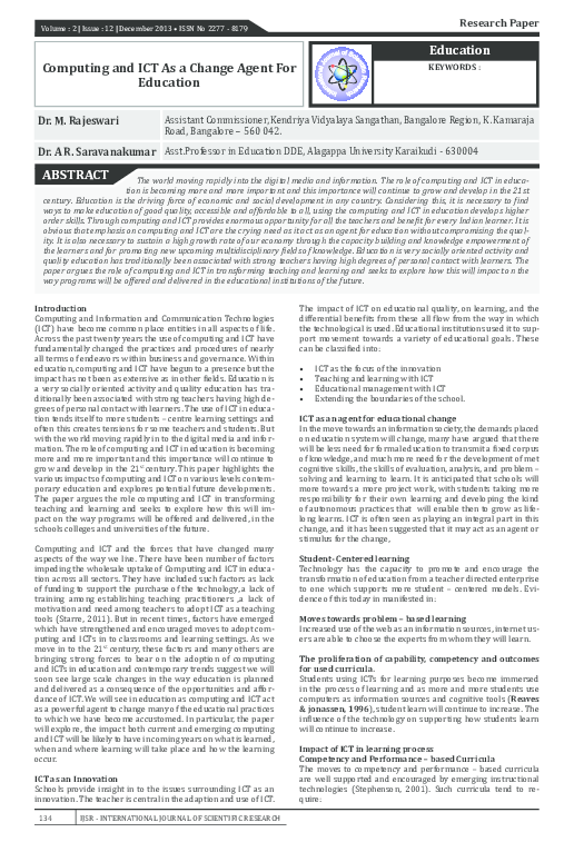 (PDF) Computing and ICT As a Change Agent For Education