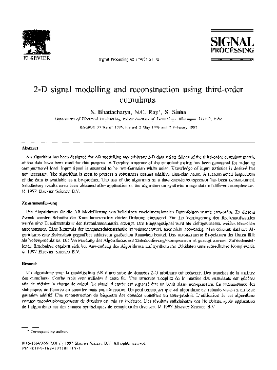 Pdf Signal Processing Elsevier 2 D Signal Modelling And Reconstruction Using Third Order Cumulants