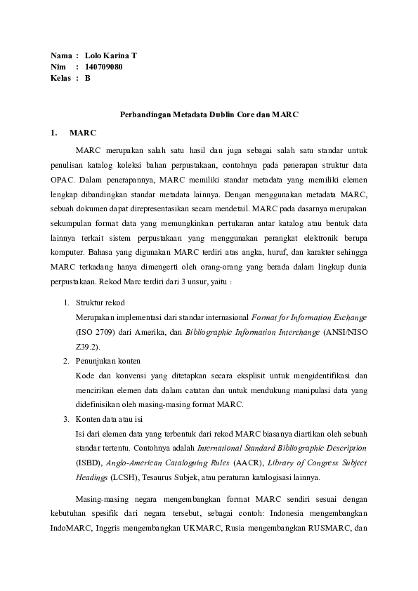 (DOC) Perbandingan Metadata Dublin Core dan MARC