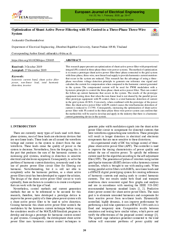 Pdf Optimization Of Shunt Active Power Filtering With Pi Control In A Three Phase Three Wire