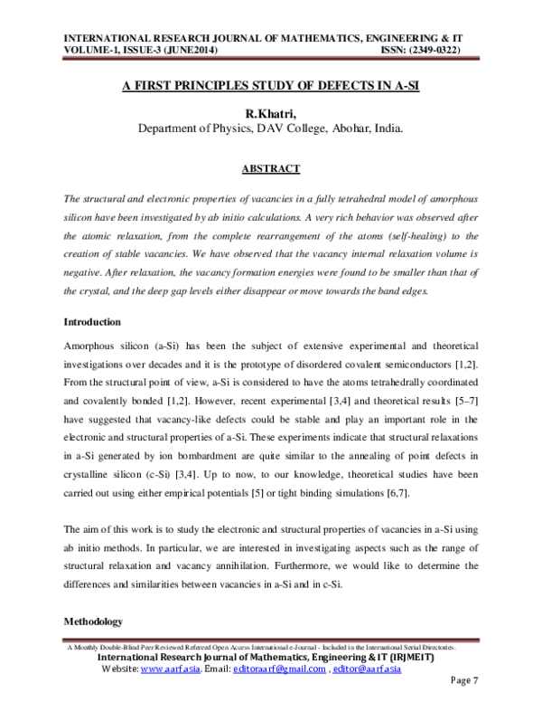 (PDF) A FIRST PRINCIPLES STUDY OF DEFECTS IN A-SI