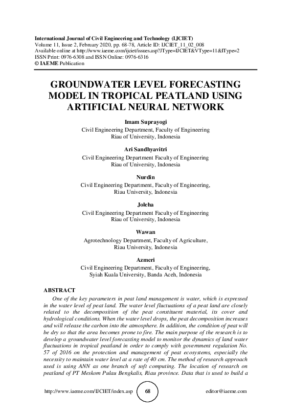 (PDF) Groundwater Level Forecasting Model in Tropical Peatland Using Artificial Neural Network