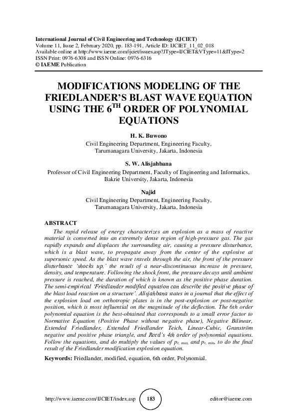 (PDF) MODIFICATIONS MODELING OF THE FRIEDLANDER'S BLAST WAVE EQUATION ...