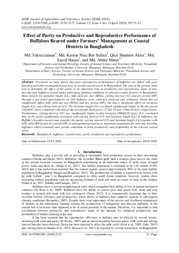 (PDF) Effect of Parity on Productive and Reproductive Performance of Buffaloes Reared under ...