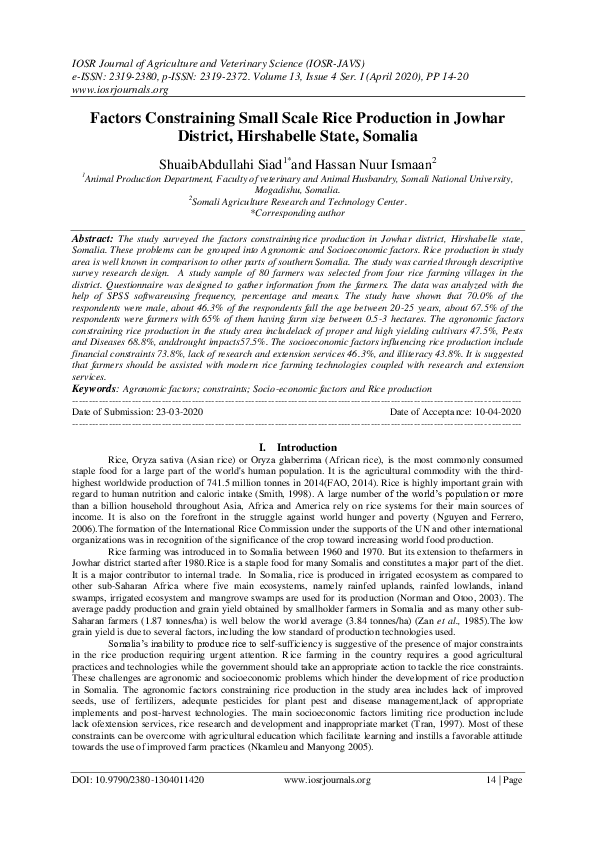 (PDF) Factors Constraining Small Scale Rice Production in Jowhar ...