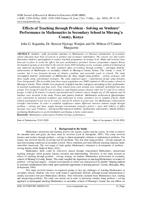 (PDF) Effects of Teaching through Problem -Solving on Students' Performance in Mathematics in ...