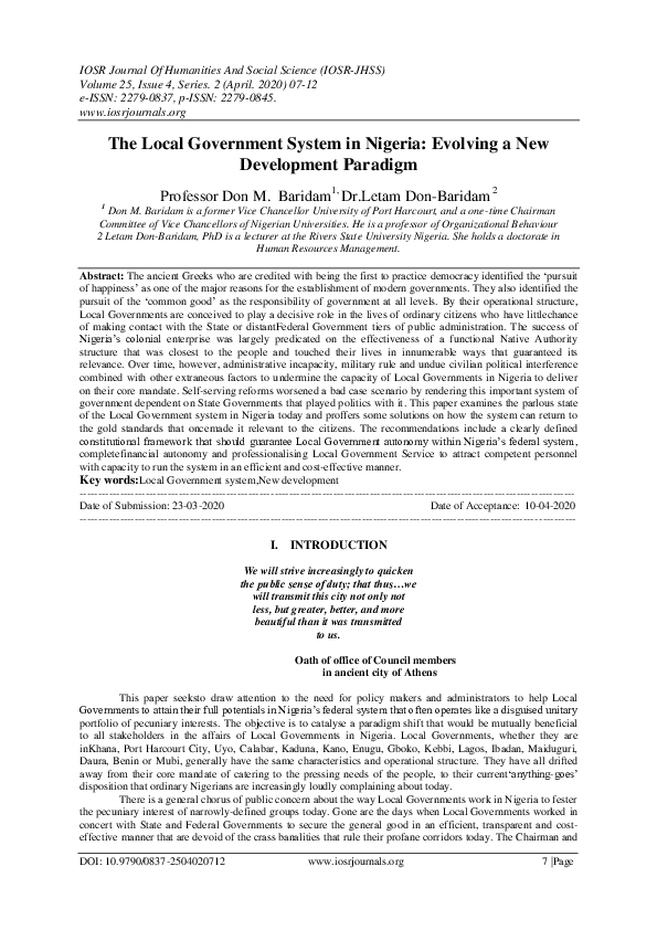 (PDF) The Local Government System in Nigeria: Evolving a New ...
