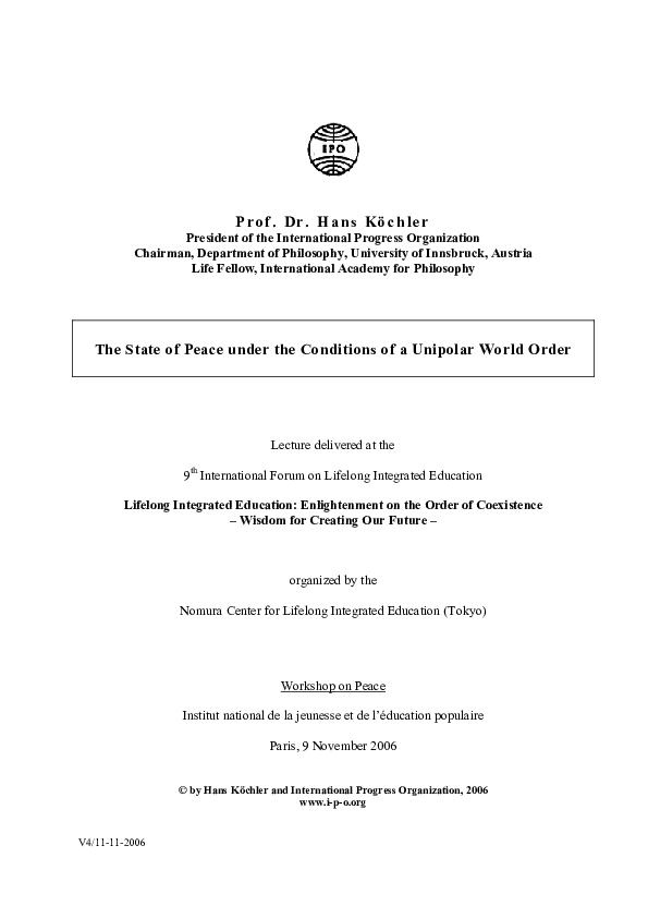 (PDF) The State of Peace under the Conditions of a Unipolar World Order