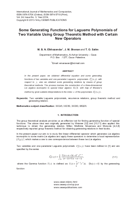 (PDF) Some Generating Functions for Laguerre Polynomials of Two Variable Using Group Theoretic ...