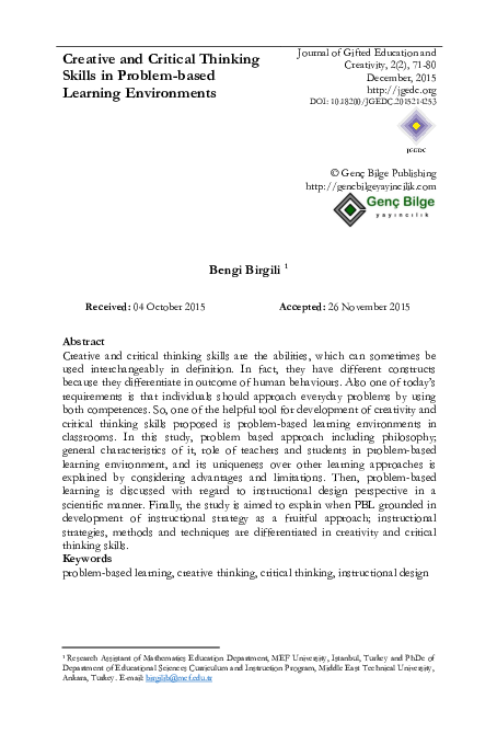 (PDF) Creative and Critical Thinking Skills in Problem based Learning ...