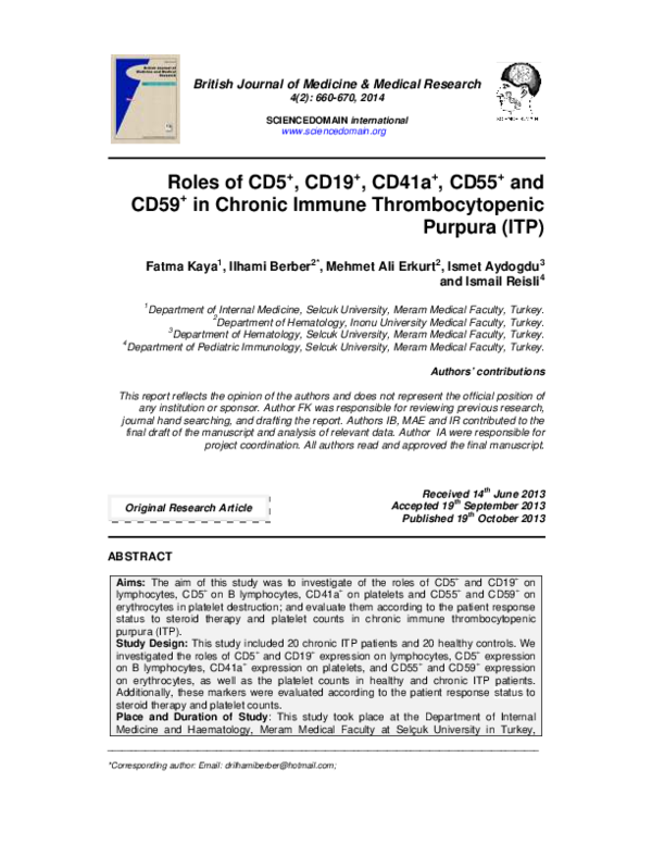 (PDF) Roles of CD5+, CD19+, CD41a+, CD55+ and CD59+ in Chronic Immune ...