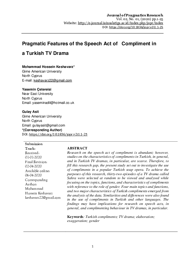 (PDF) Pragmatic Features of the Speech Act of Compliment in a Turkish ...