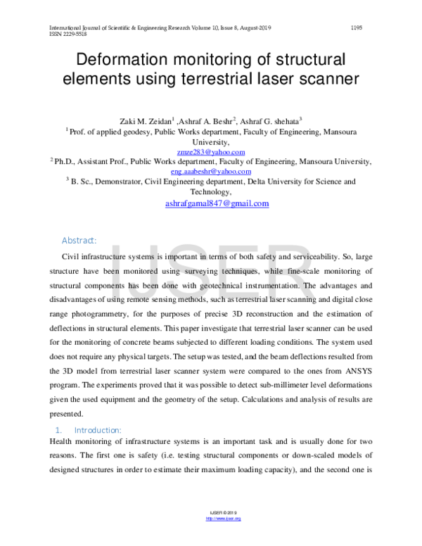 Pdf Deformation Monitoring Of Structural Elements Using Terrestrial Laser Scanner