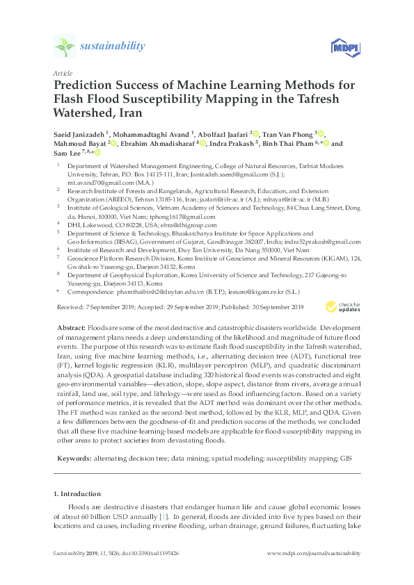 Pdf Prediction Success Of Machine Learning Methods For Flash Flood