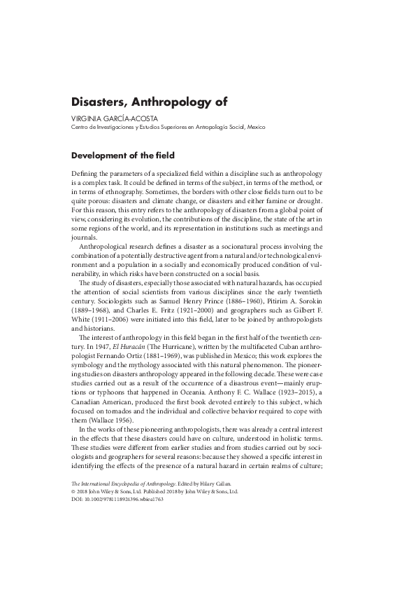 (PDF) Disasters, Anthropology of