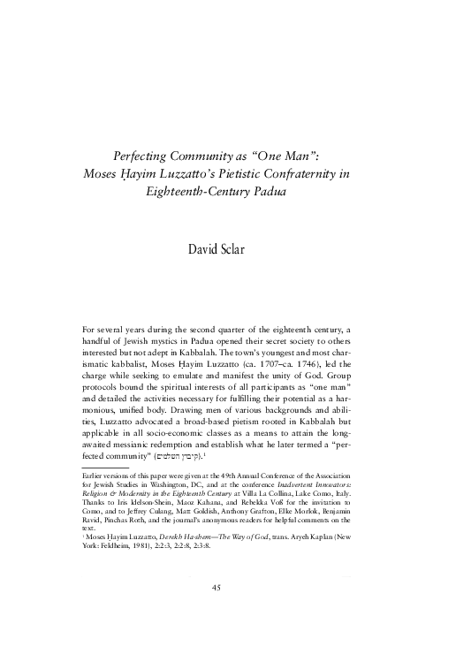 (PDF) David Sclar, "Perfecting Community as 'One Man': Moses Hayim ...