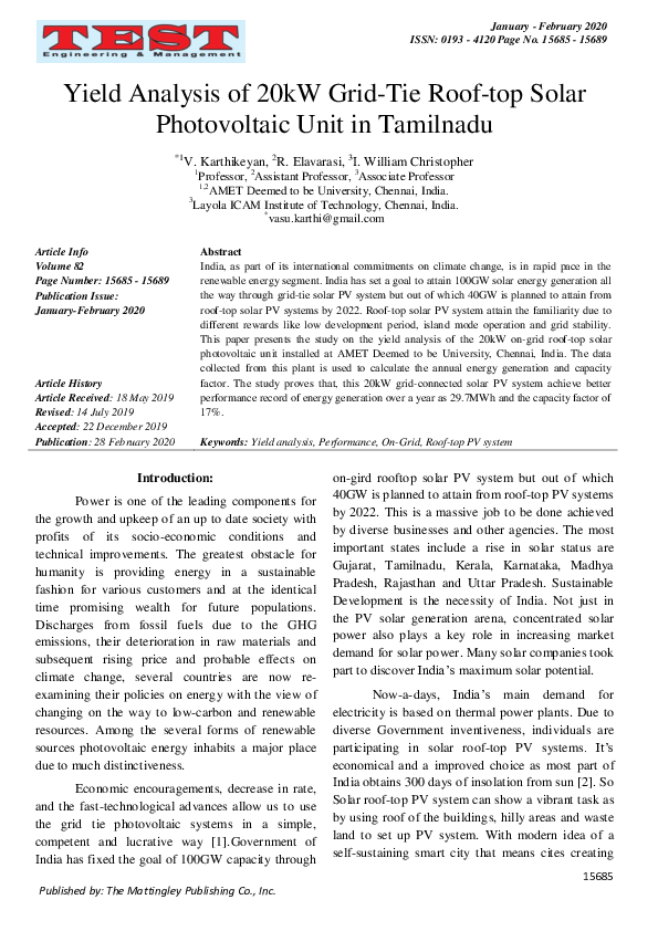(PDF) Yield Analysis of 20kW Grid-Tie Roof-top Solar Photovoltaic Unit ...