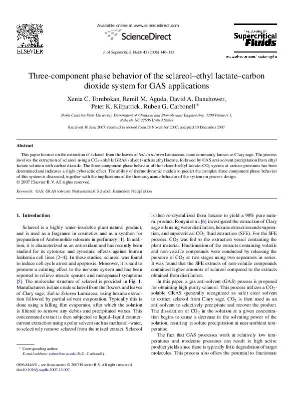 (PDF) Three-component phase behavior of the sclareol-ethyl lactate ...