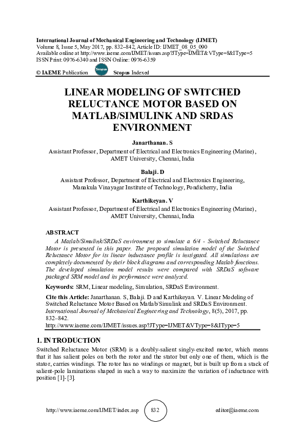 Pdf Linear Modeling Of Switched Reluctance Motor Based On Matlab Simulink And Srdas Environment