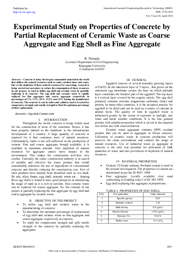 (PDF) IJERT-Experimental Study on Properties of Concrete by Partial Replacement of Ceramic Waste ...