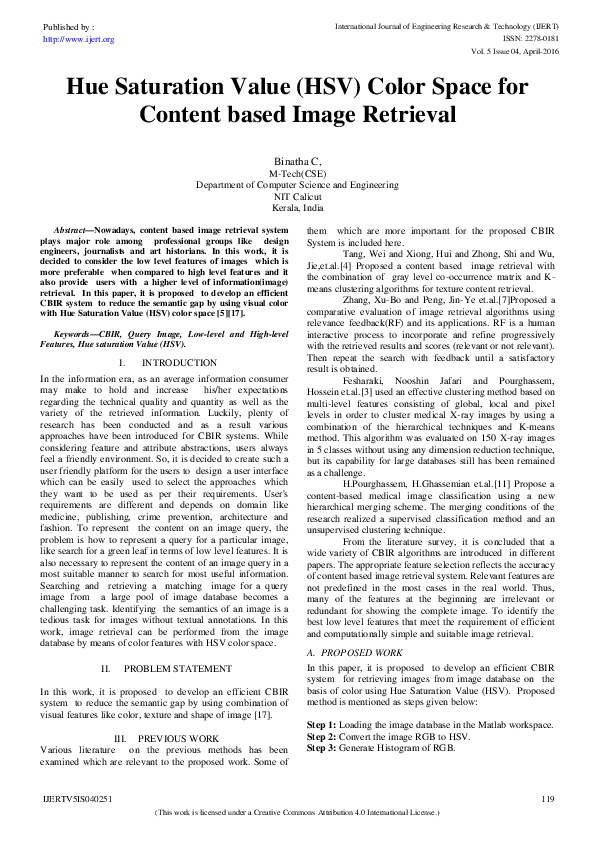 (PDF) IJERT-Hue Saturation Value (HSV) Color Space for Content based Image Retrieval