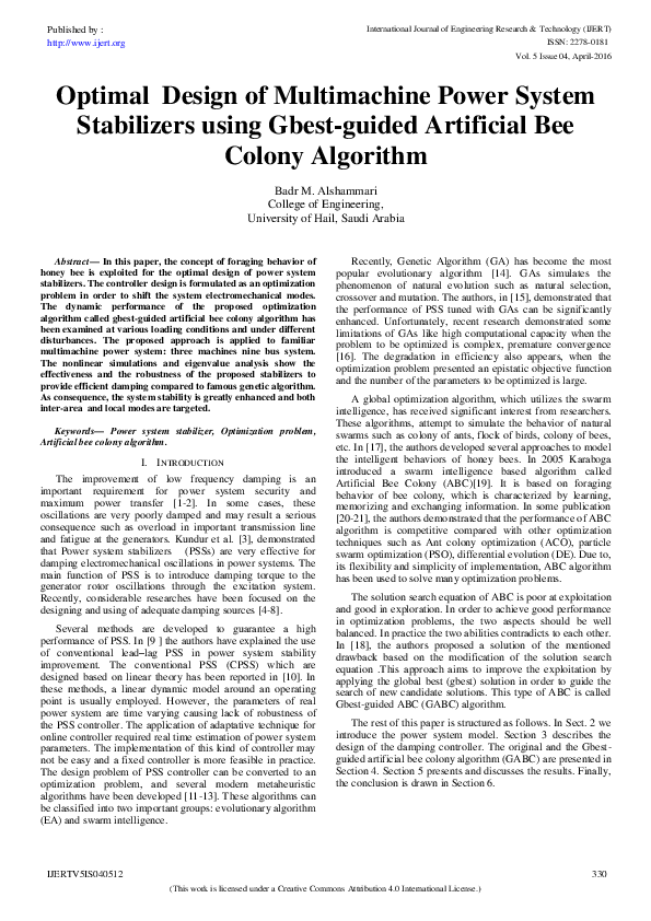 (PDF) IJERT-Optimal Design of Multimachine Power System Stabilizers using Gbest-guided ...