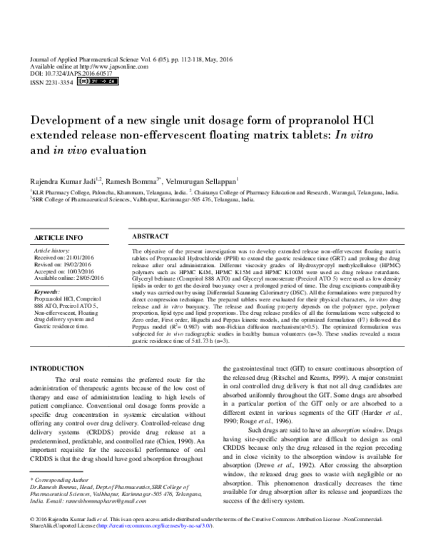 Pdf Development Of A New Single Unit Dosage Form Of Propranolol Hcl Extended Release Non