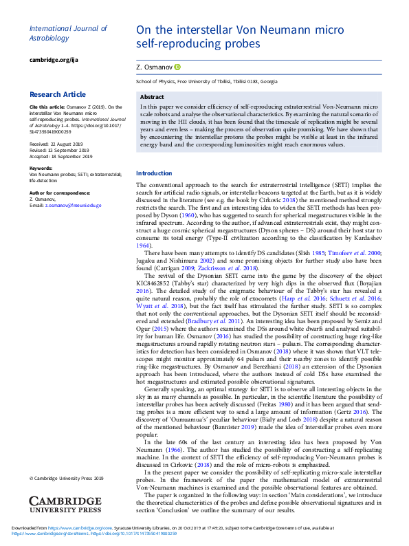 (PDF) On the interstellar Von Neumann micro self-reproducing probes ...