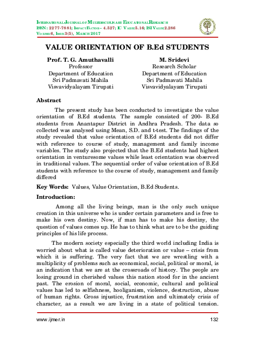 (PDF) VALUE ORIENTATION OF B.Ed. STUDENTS