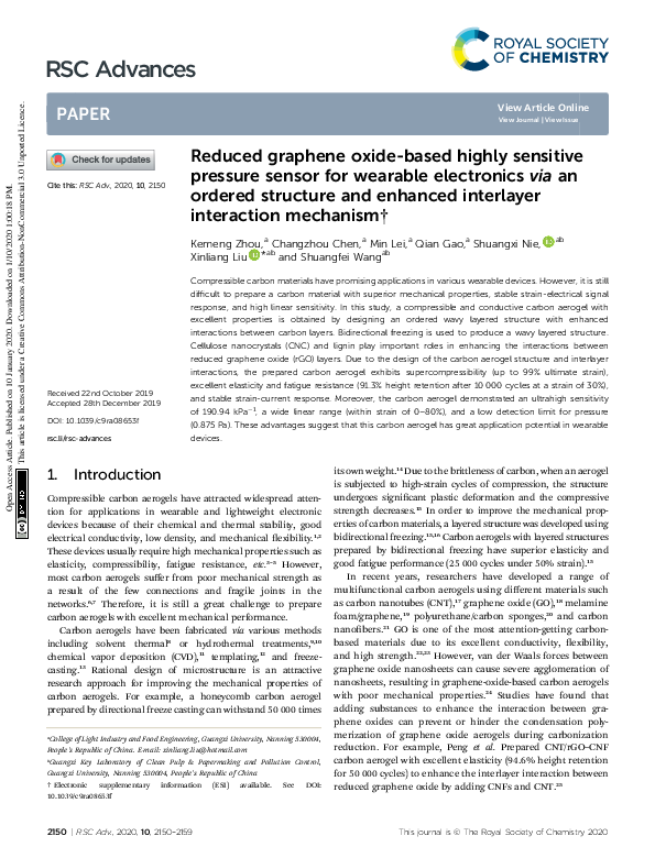 (PDF) Reduced graphene oxide-based highly sensitive pressure sensor for wearable electronics via ...