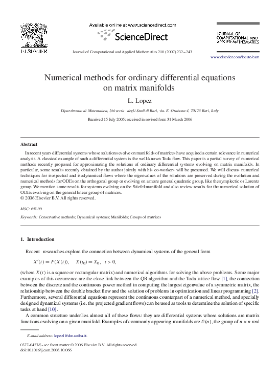 (PDF) Numerical methods for ordinary differential equations on matrix ...