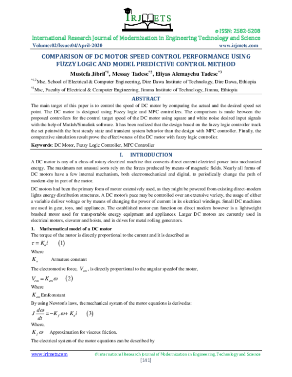 Pdf Comparison Of Dc Motor Speed Control Performance Using Fuzzy Logic And Model Predictive