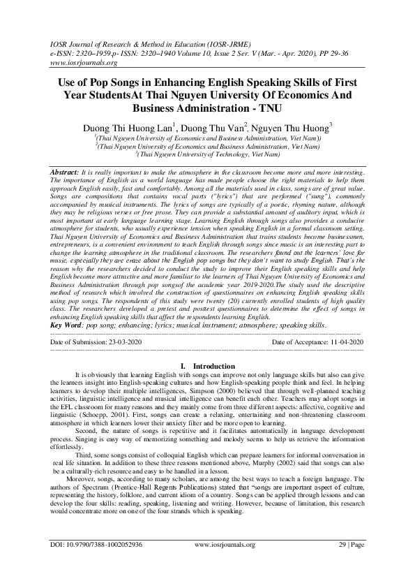 (PDF) Use of Pop Songs in Enhancing English Speaking Skills of First ...
