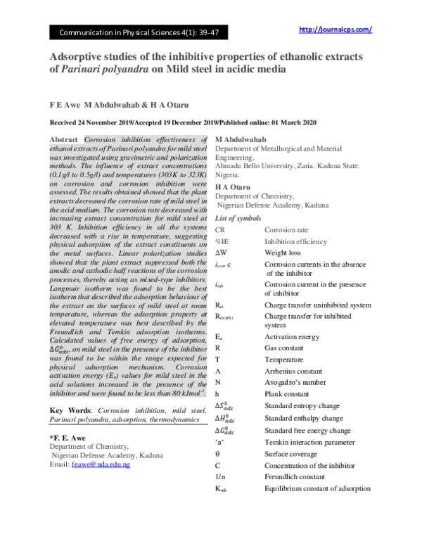 (PDF) Adsorptive studies of the inhibitive properties of ethanolic ...
