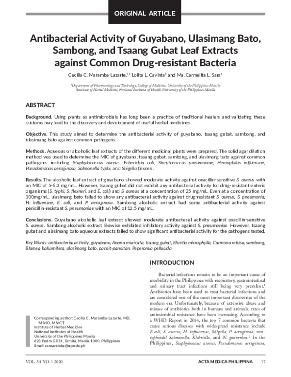 (PDF) Antibacterial Activity of Guyabano, Ulasimang Bato, Sambong, and Tsaang Gubat Leaf ...