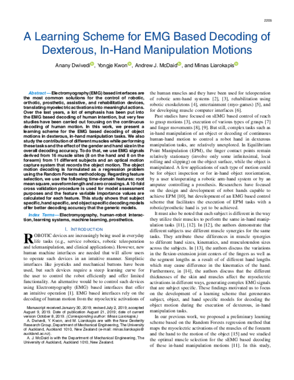 Pdf A Learning Scheme For Emg Based Decoding Of Dexterous In Hand Manipulation Motions