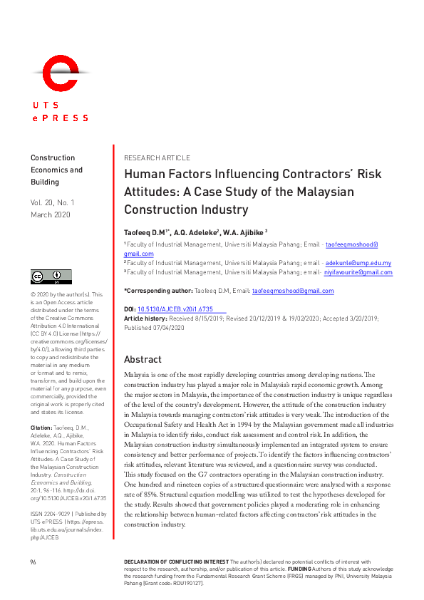 (PDF) Construction Economics and Building: Human Factors Influencing ...