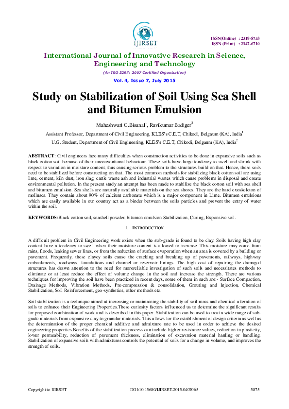 (PDF) Study on Stabilization of Soil Using Sea Shell and Bitumen Emulsion