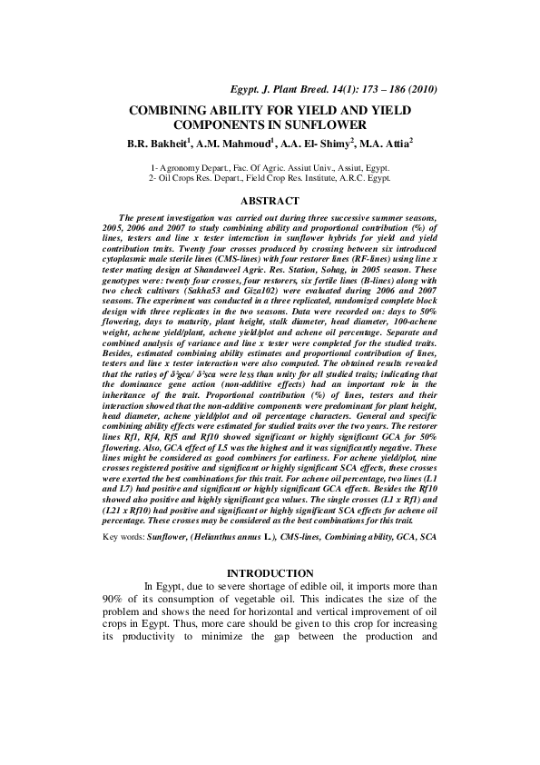(PDF) COMBINING ABILITY FOR YIELD AND YIELD COMPONENTS IN SUNFLOWER