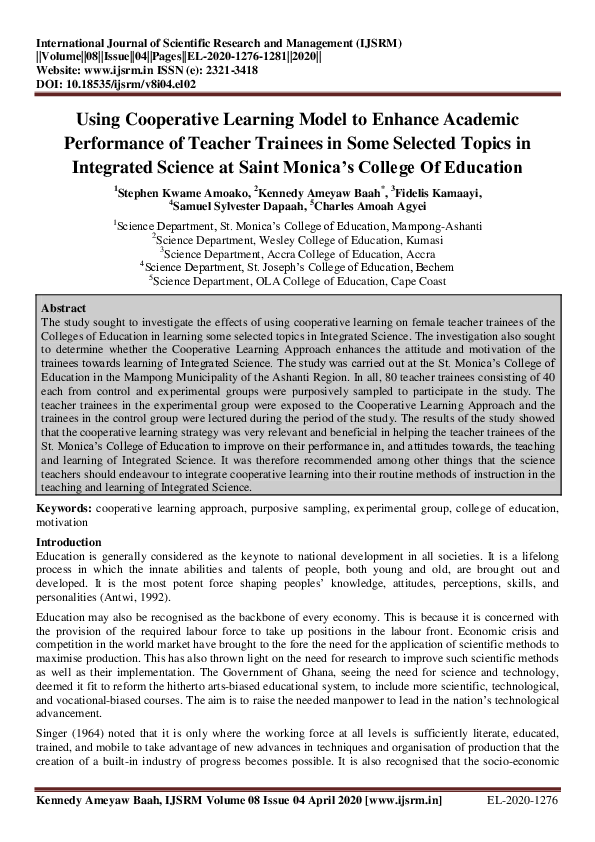 (PDF) Using Cooperative Learning Model to Enhance Academic Performance ...