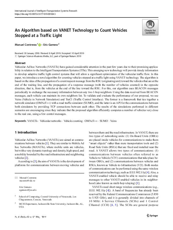 (PDF) An Algorithm based on VANET Technology to Count Vehicles Stopped at a Traffic Light