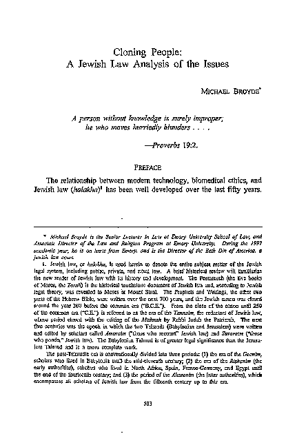 (PDF) Michael J. Broyde, “Cloning People: A Jewish Law Analysis of the ...