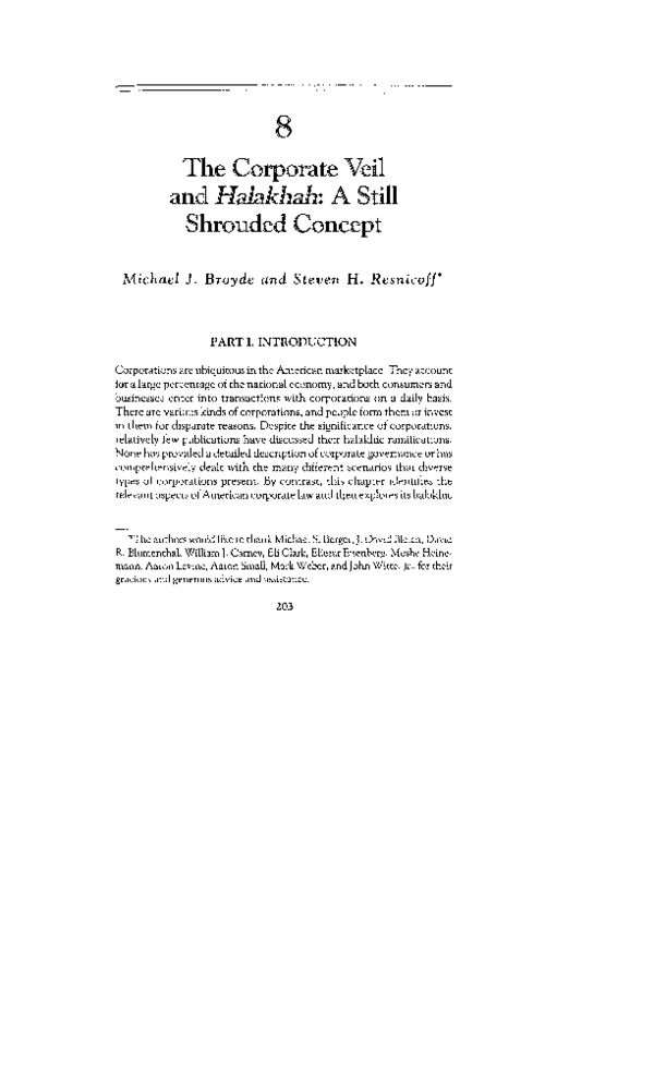 (PDF) Michael J. Broyde and Steven H. Resnicoff, “The Corporate Veil ...