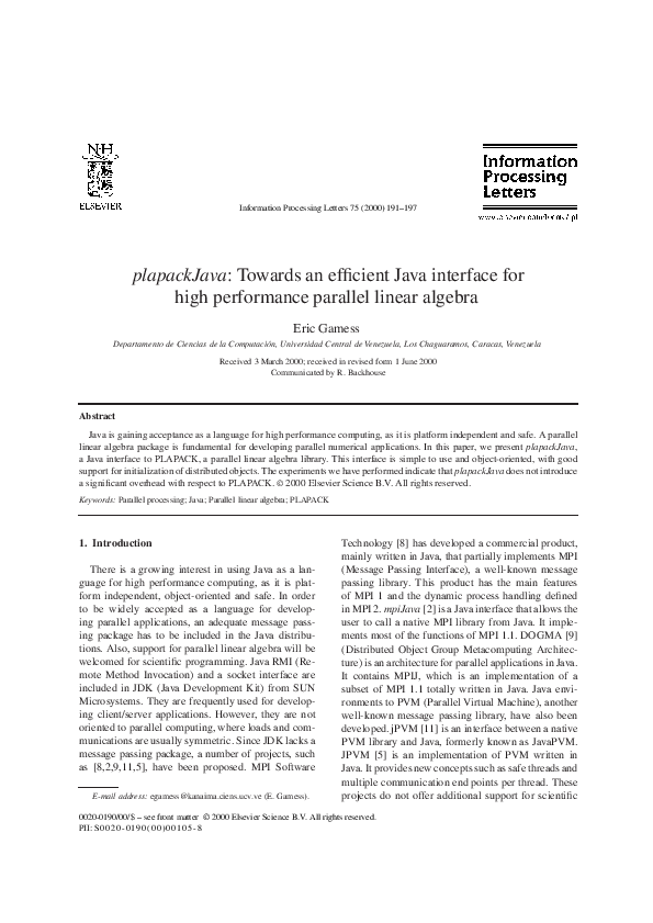 (PDF) plapackJava: Towards an Efficient Java Interface for High Performance Parallel Linear Algebra
